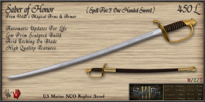 Second Life Marketplace - Velde's - Saber of Honor - SF3 Sword