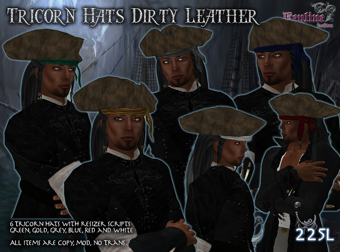 Second Life Marketplace - *FF* Tricorn Dirty Leather Hats for Men