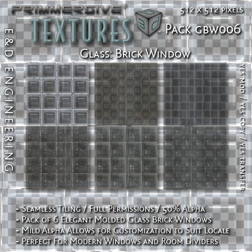 Second Life Marketplace - [GBW006] 6 Glass Brick Window Textures Glass ...