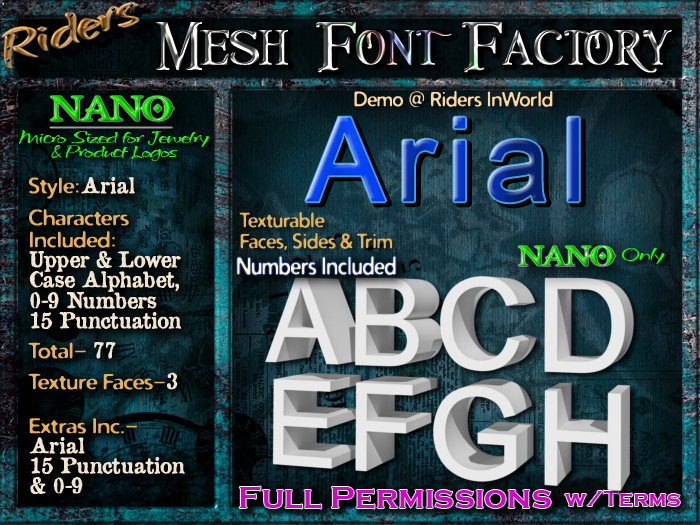 Second Life Marketplace - Riders Mesh Font Set (Arial) [[NANO]]- Nano ...