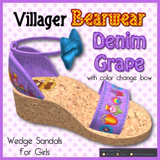 Second Life Marketplace - (Villager Bearwear Denim Grape Wedge Sandals)