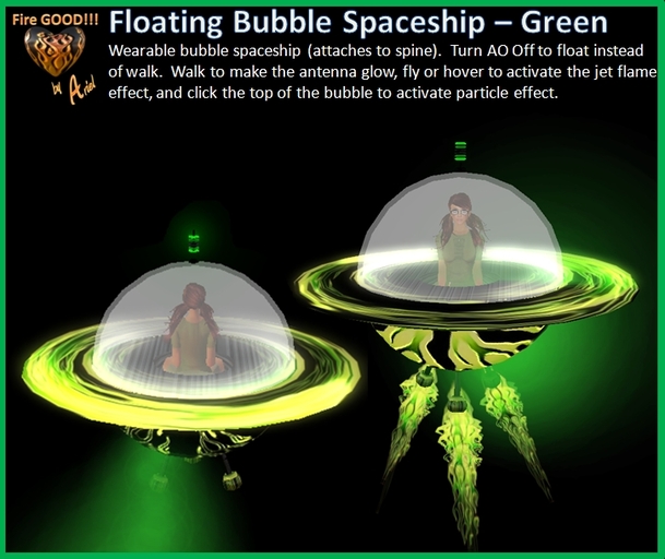 Second Life Marketplace - Fire GOOD!!! Floating Bubble Spaceship Green (wear & AO Off)