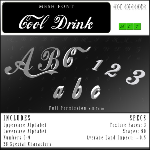 Second Life Marketplace - 212 Designs - Mesh Font - "Cool Drink"