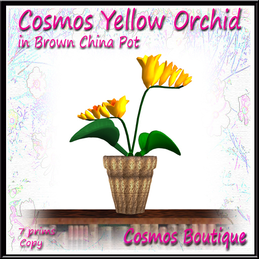 Second Life Marketplace - Cosmos Yellow Orchid in Brown china Pot (Box)