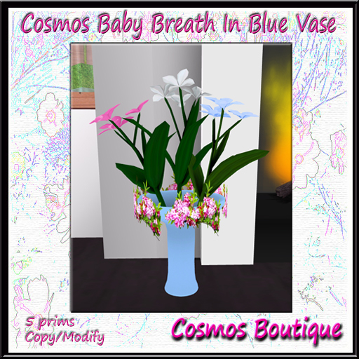 Second Life Marketplace - Cosmos Baby Breath in Blue Vase (Box)