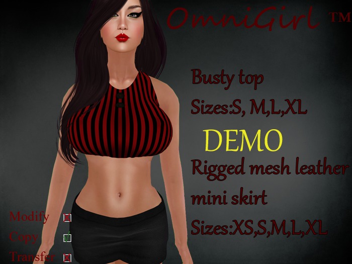 Second Life Marketplace - Busty red stripes shirt and leather mini skirt DEMO [OmniGirl]