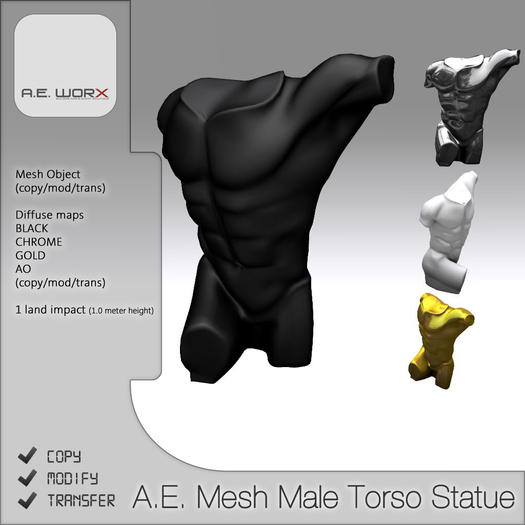 Second Life Marketplace - A.E. Mesh male Torso Statue
