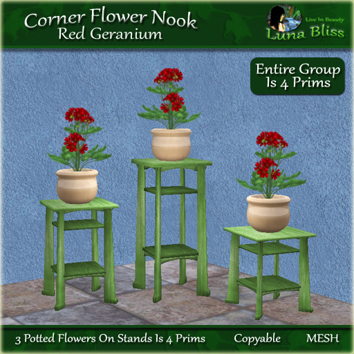 Second Life Marketplace - Corner Flower Nook - Red Geranium - MESH LOW ...