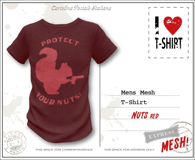 Second Life Marketplace - I♥T-SHIRT!! NUTS RED - Mens Mesh T-shirt