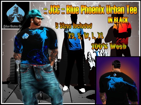 Second Life Marketplace - ::! JCC !:: Blue Phoenix Tee (Black)