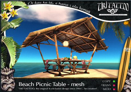 Second Life Marketplace - Tiki Tattoo - COPY - Beach Picnic Table - Mesh