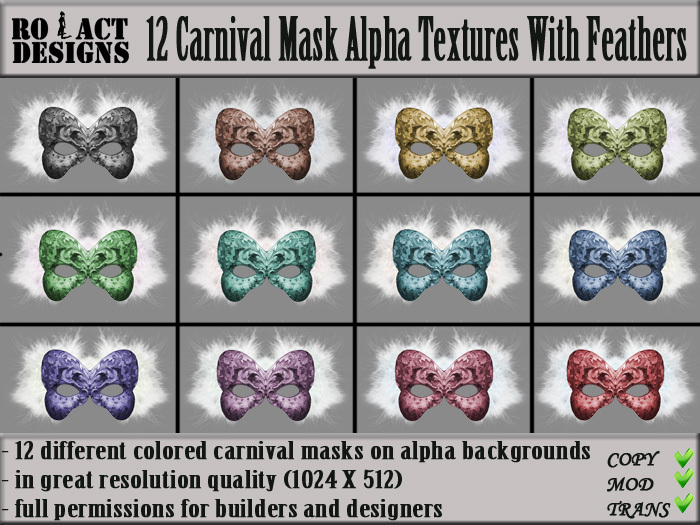 Second Life Marketplace - Ro!Act Designs 12 Carnival Mask Alpha ...