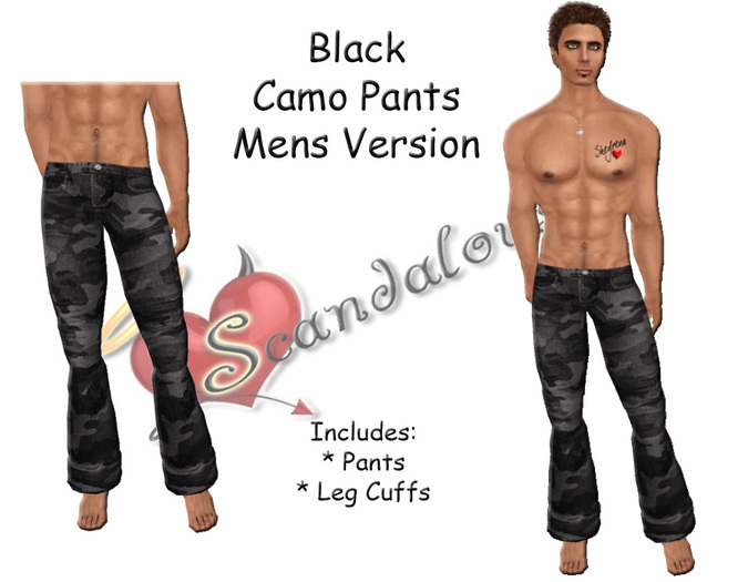 Second Life Marketplace - Scandalous:MENS:Black Camo Pants {Mens}