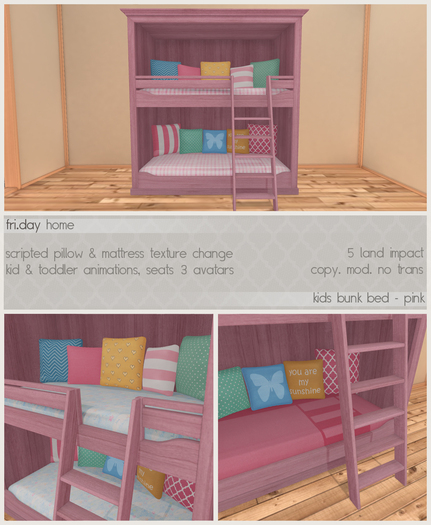 Second Life Marketplace - fri.home - kids bunk bed (pink)