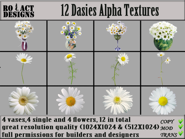 Second Life Marketplace - Ro!Act Designs 12 Dasies Alpha Textures