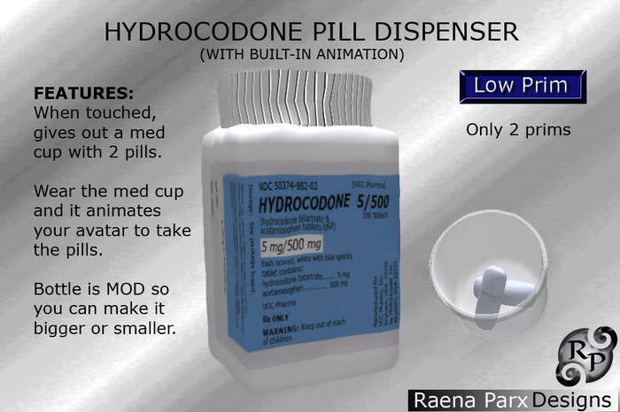 Second Life Marketplace - Rx HYDROCODONE PAIN RELIEVER - PILL DISPENSER ...