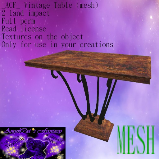 Second Life Marketplace - _ACF_ Vintage Table (mesh) boxed