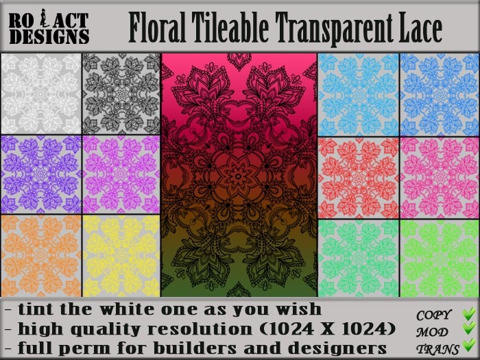 Second Life Marketplace - Ro!Act Designs 12 Floral Tileable Transparent ...
