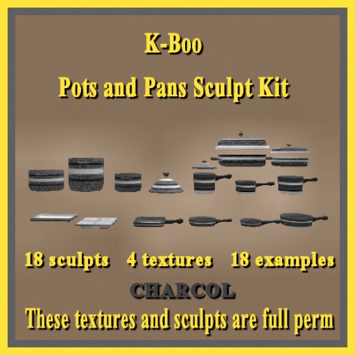Second Life Marketplace - k-boo charcol pots and pans sculpt kit boxed