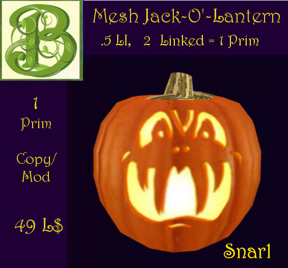Second Life Marketplace - Mesh Jack-O-Lanterns, "Snarl " .5LI ea.,