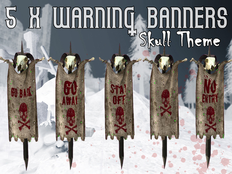 Second Life Marketplace - Tormented Woods: 5 x Warning Banners: Skull theme
