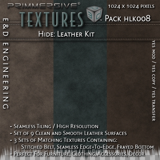 Second Life Marketplace - E&D ENGINEERING: Textures - Hide Leather Kit ...