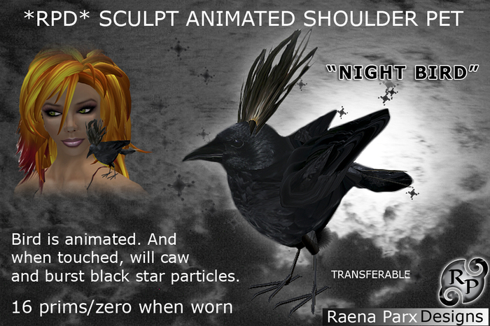 Second Life Marketplace - SCULPT ANIMATED SHOULDER PET: "NIGHT BIRD ...