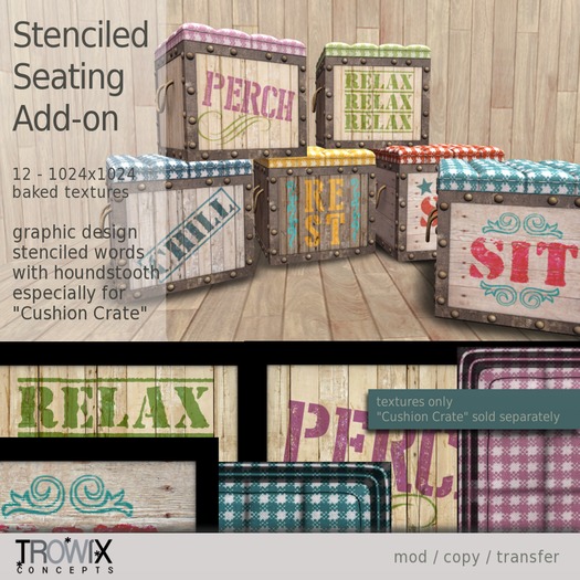 Second Life Marketplace - Trowix - Stencil Seat Addon for Cushion Crate