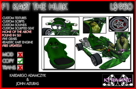 Second Life Marketplace - F1 The Hulk Go Kart and Race Suit