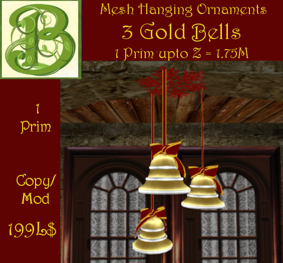 Second Life Marketplace - 3 Hanging Mesh Gold Bells Ornaments Z+1.75 +1 ...