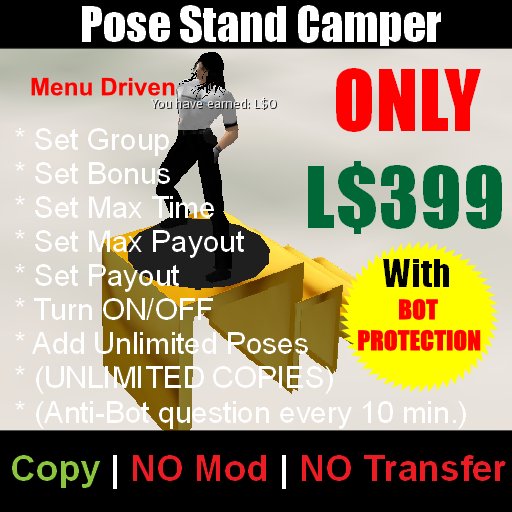 Second Life Marketplace - Model Pose Stand camper / modeling employment