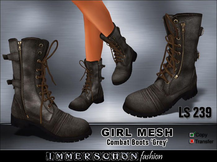 Second Life Marketplace - Immerschoen Girl - MESH Combat Boots 'Grey'