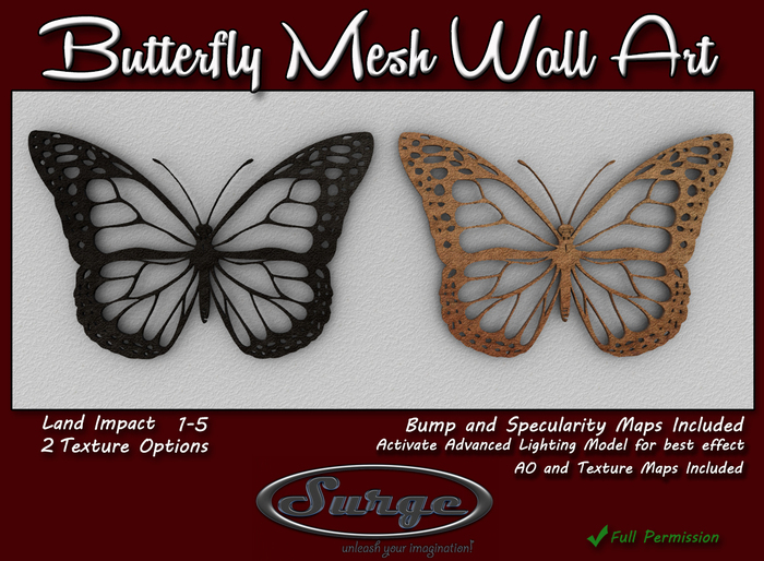 Second Life Marketplace - Butterfly 2 Mesh Wall Art - Full Permission ...