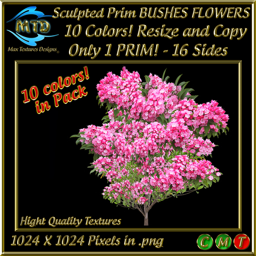Second Life Marketplace - Sculpted Prim BUSHES FLOWERS 10 COLORS ...
