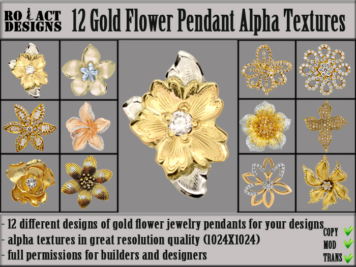 Second Life Marketplace - Ro!Act Designs 12 Gold Flower Pendant Alpha ...