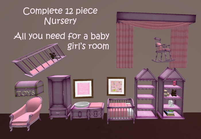 Second Life Marketplace - Complete 12 Piece Pink Gingham Nursery Set