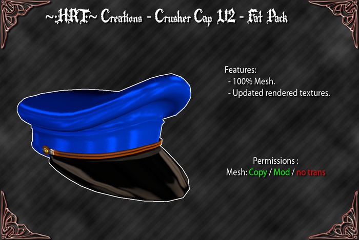Second Life Marketplace - ~:HRT:~ Creations - Crusher Cap v2 - Blue