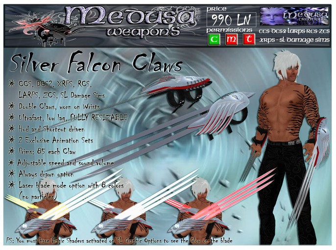 Second Life Marketplace - ~ Medusa Weapons ~ Silver Falcon Claws (Boxed)