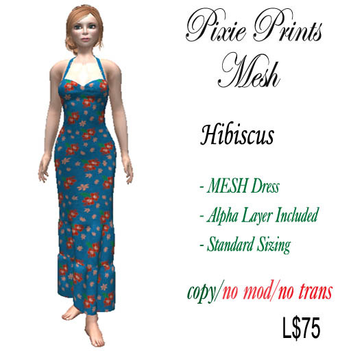 Second Life Marketplace - Pixie Prints MESH Dress ~ Hibiscus in Blue Lagoon