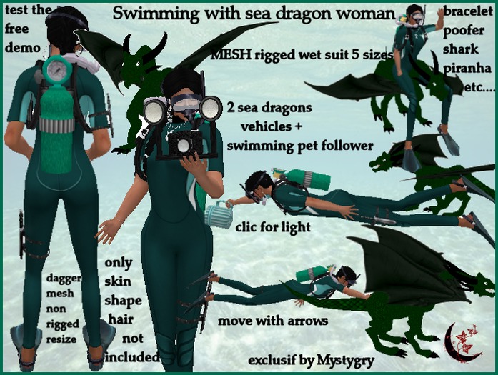 Second Life Marketplace - Mesh wet suit woman swimming with sea dragon ...