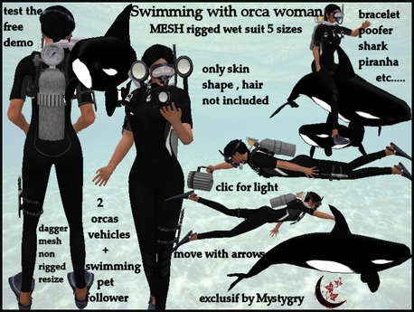Second Life Marketplace - Mesh wet suit woman swimming with orca diving ...