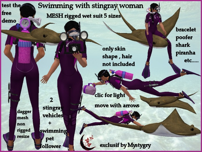 Second Life Marketplace - Mesh wet suit woman swimming with stingray ...