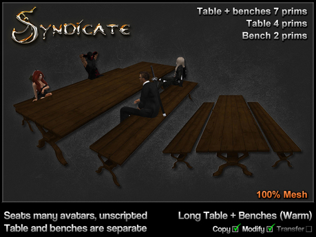 Second Life Marketplace - Syndicate - Long Table + Benches (Warm)
