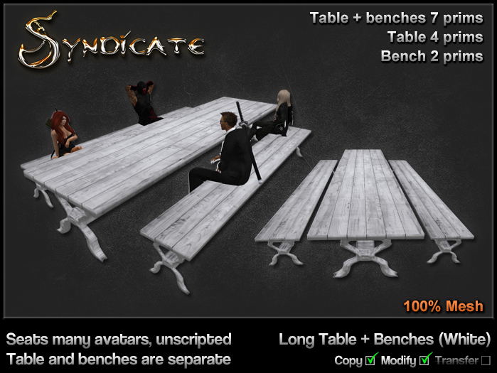Second Life Marketplace - Syndicate - Long Table + Benches (White)