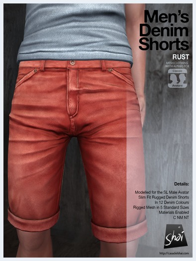 Second Life Marketplace - *Shai* Men's Denim Shorts - Rust